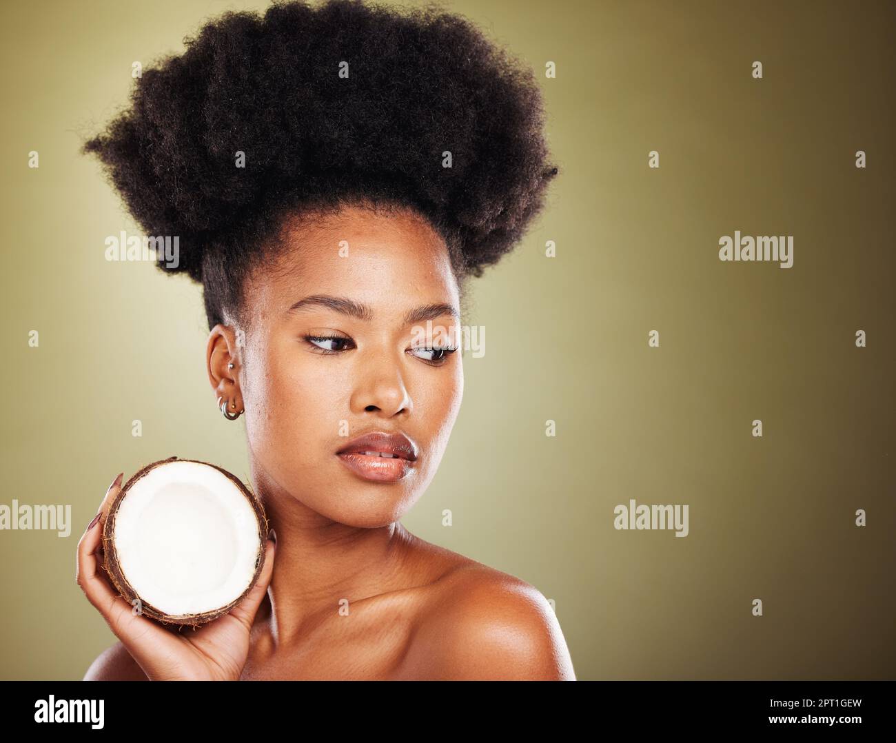 Coconut, beauty and black woman in studio for natural hair care ...