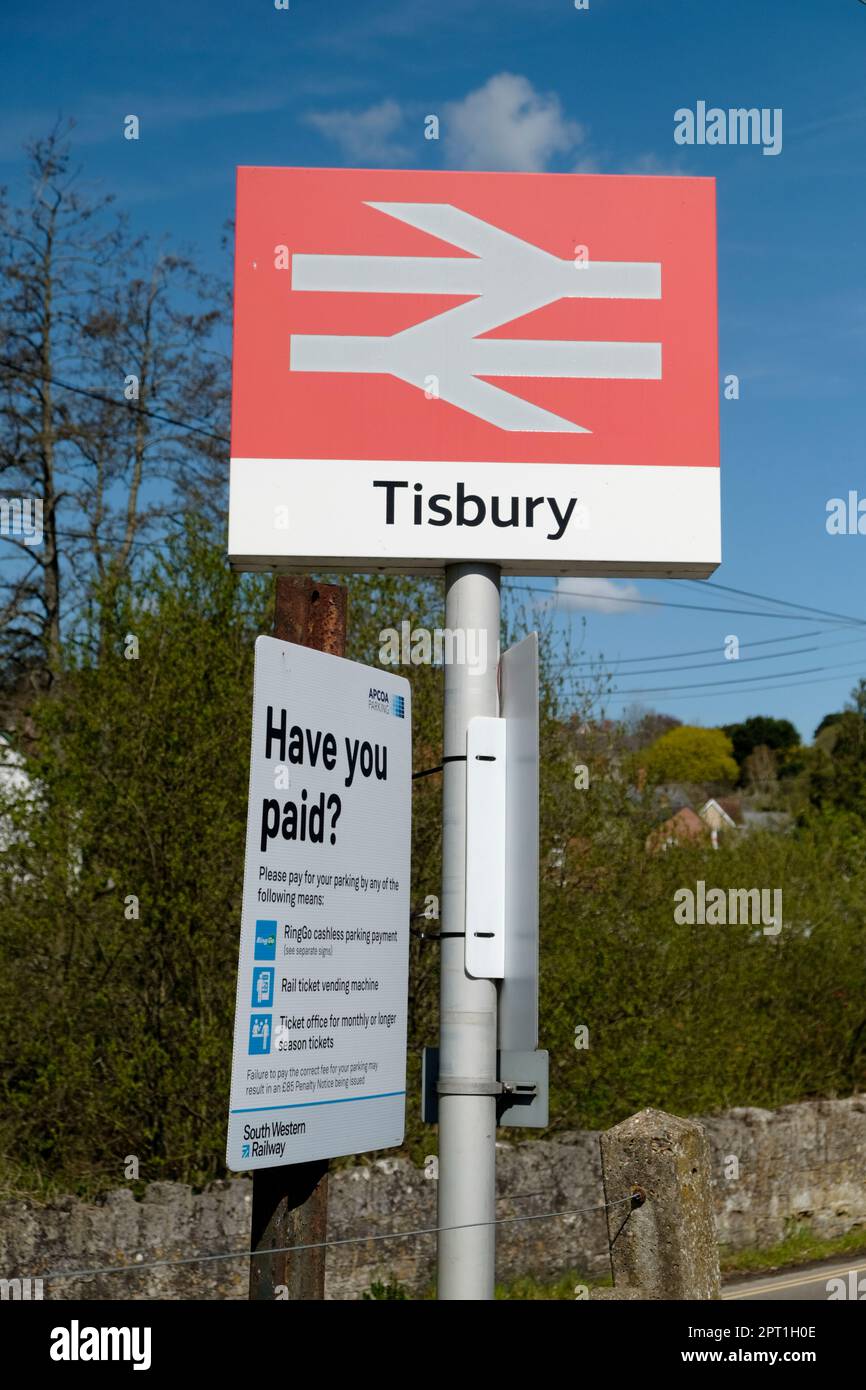 Tisbury a small Wiltshire village. The sign for the railway station ...