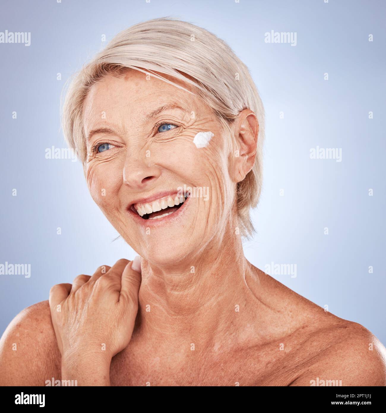 Facial cream, mature woman and skincare lotion, sunscreen and makeup ...