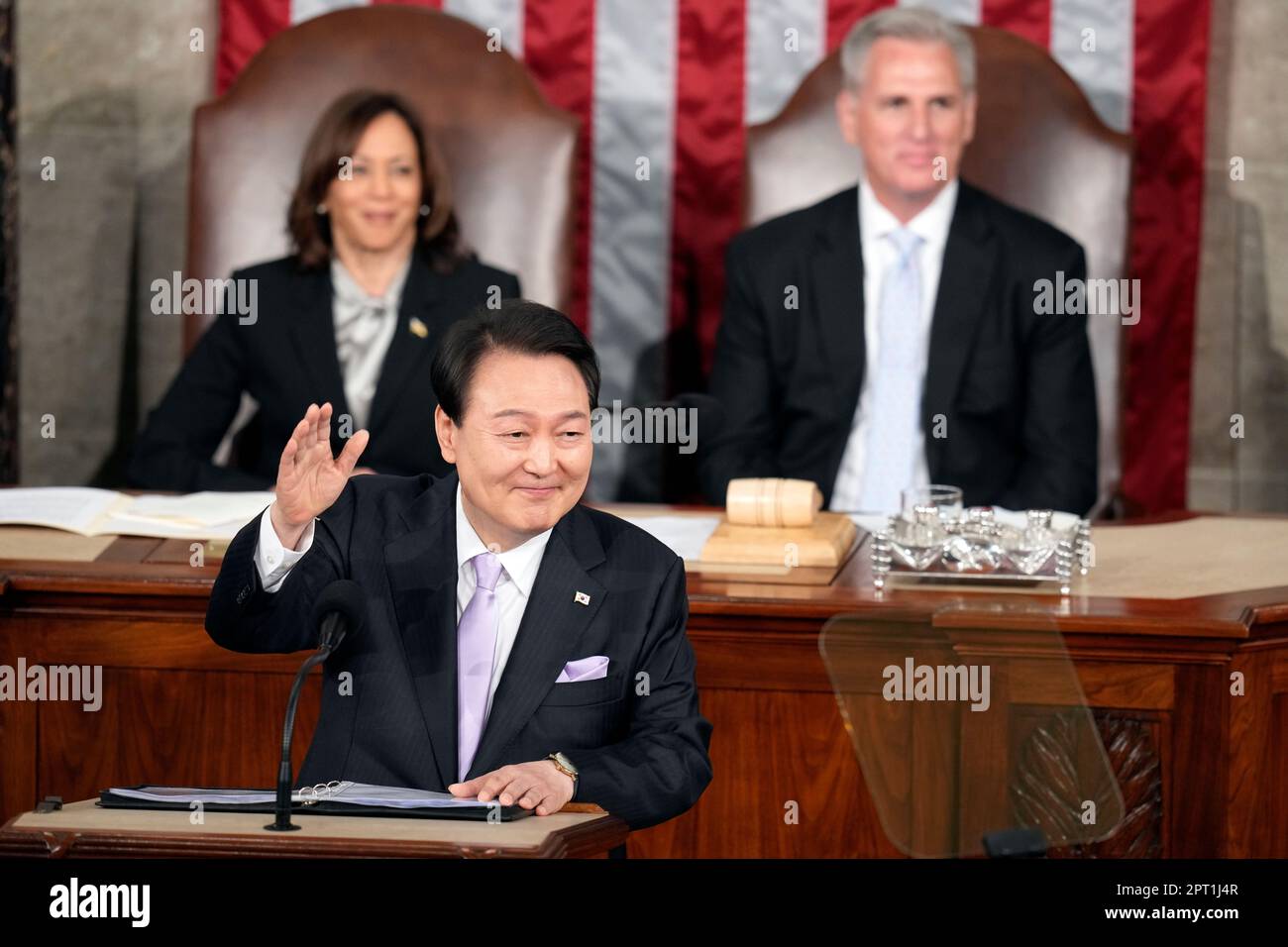 South Koreas President Yoon Suk Yeol Waves As He Arrives To Address A