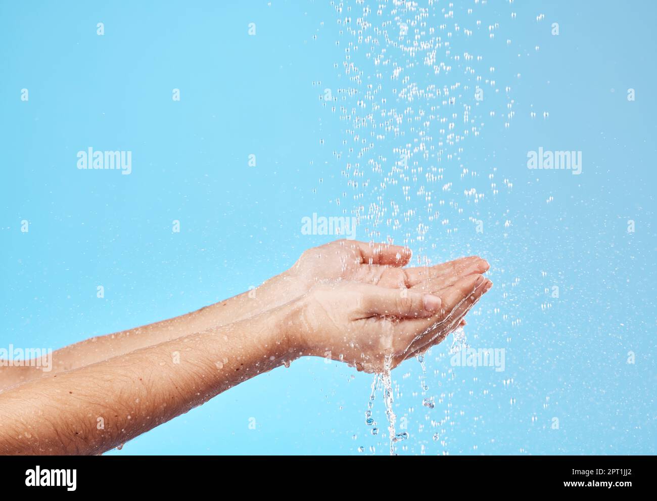 Shower, water and hands of a woman cleaning, saving and catching liquid ...