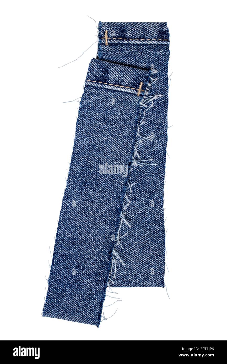 Closeup of two cut-off pant leg pieces of a blue denim jeans isolated ...