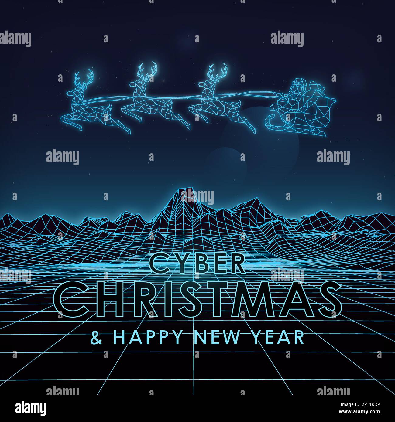 Cyber Christmas and Happy New Year. Futuristic retro landscape with ...
