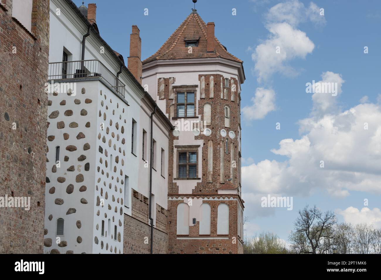 the restored tower of the medieval castle of Mir, Belarus Stock Photo ...