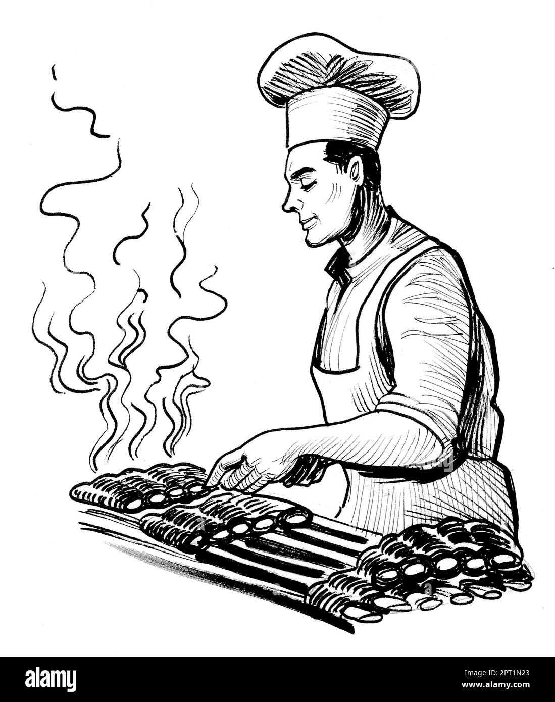 Chef cooking bbq. Hand-drawn ink on paper black and white drawing Stock ...