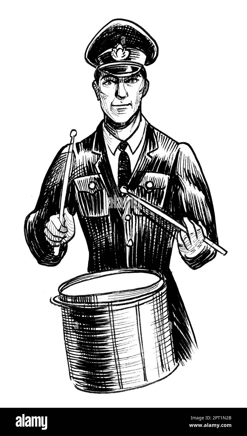 Soldier in uniform with a drum. Hand-drawn ink on paper black and white ...