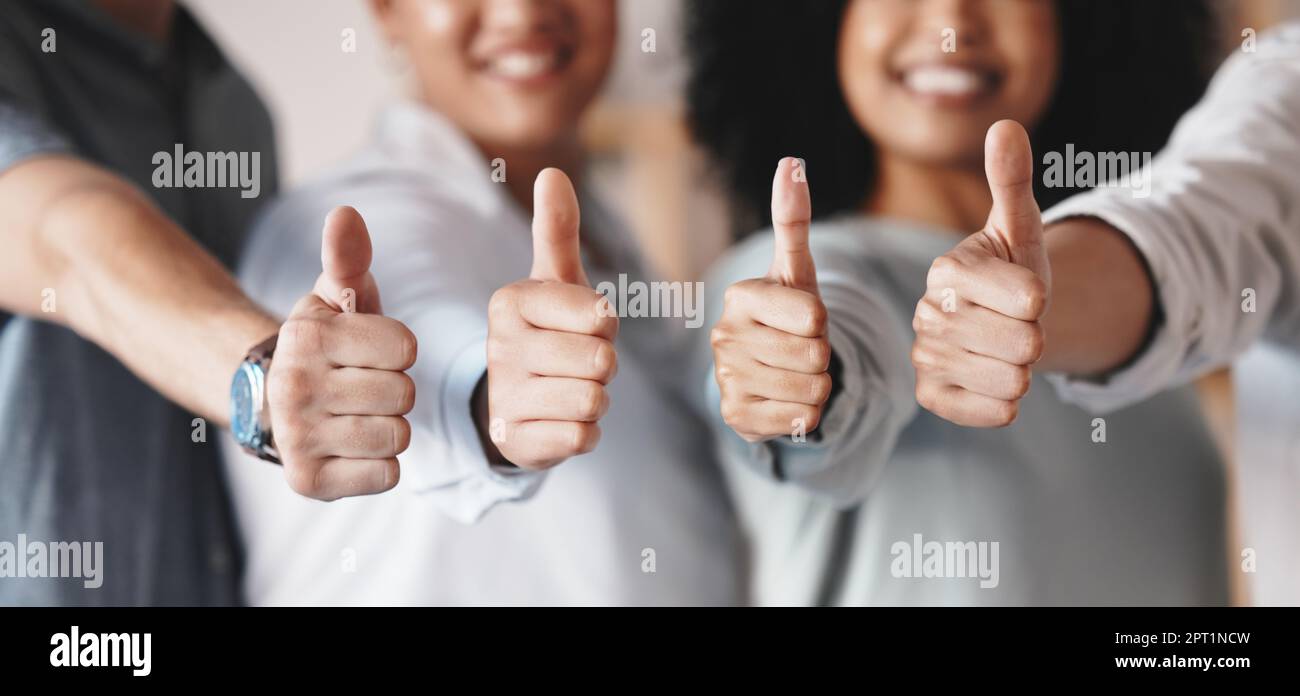 Success thumbs up, team support and happy with collaboration in office ...