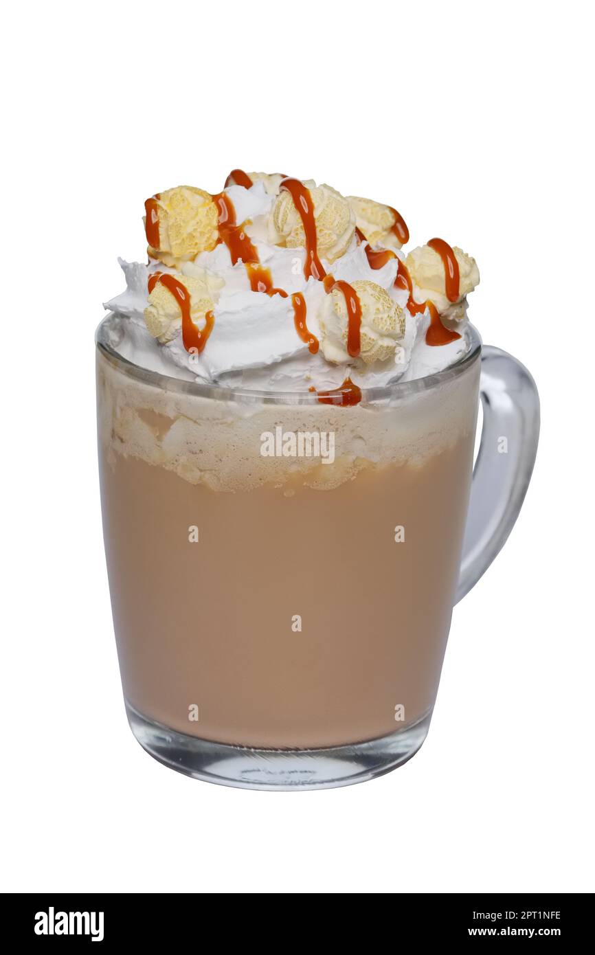Coffee cocktail with whipped cream, popcorn and caramel in transparent ...