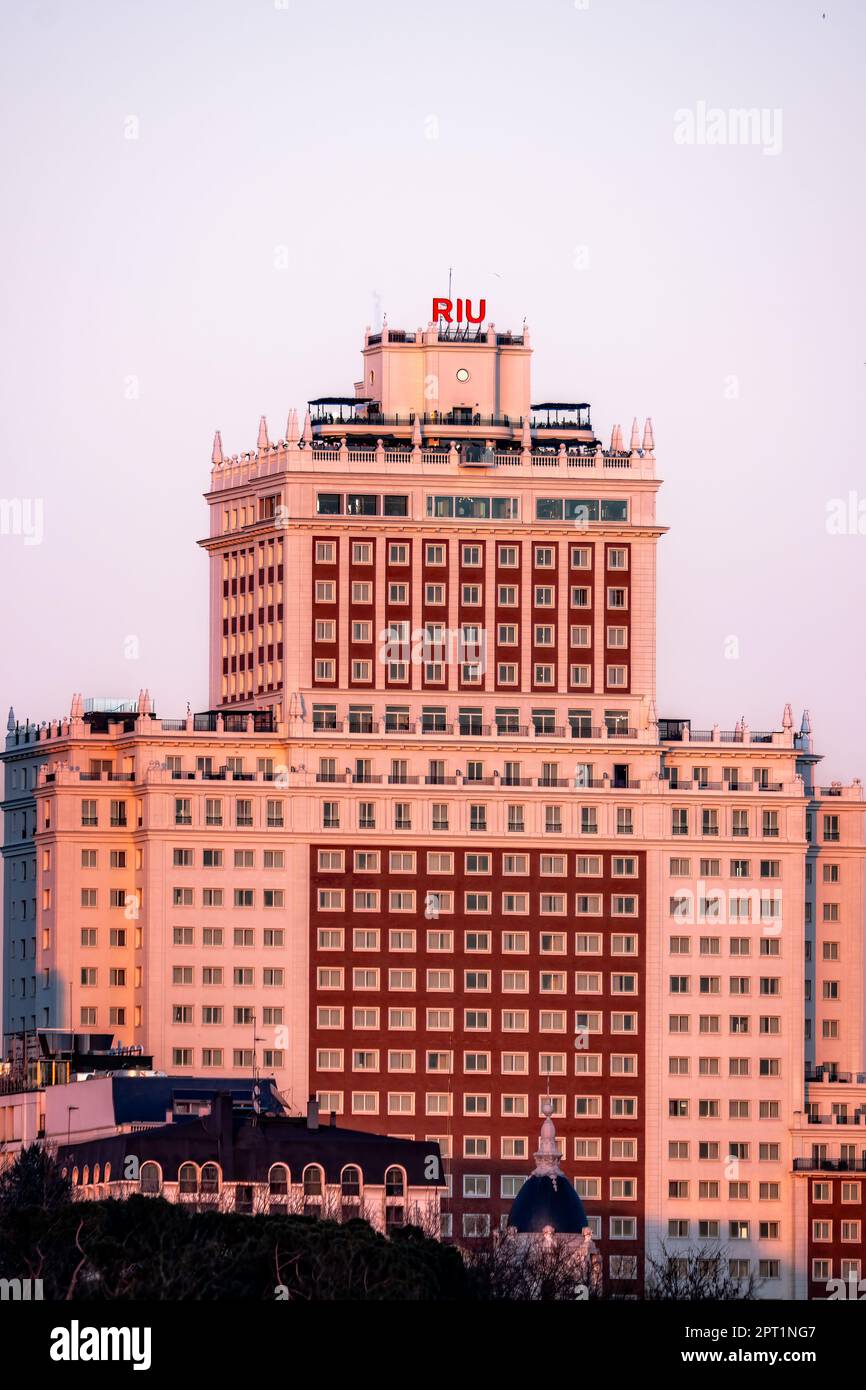 Madrid, Spain - March 4, 2023: Telephoto lens view of the Hotel Riu ...