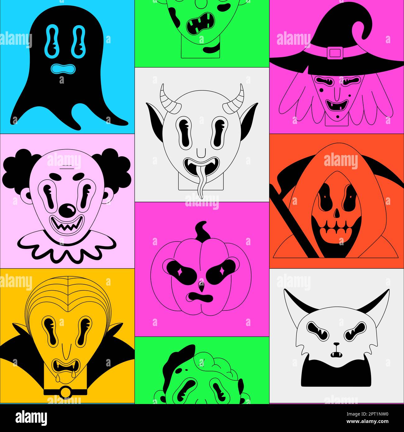 Halloween seamless pattern. Black spooky fantasy characters in bright ...