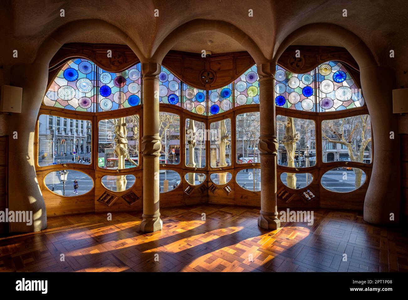 Large window with stained glass windows in the main hall of the noble ...