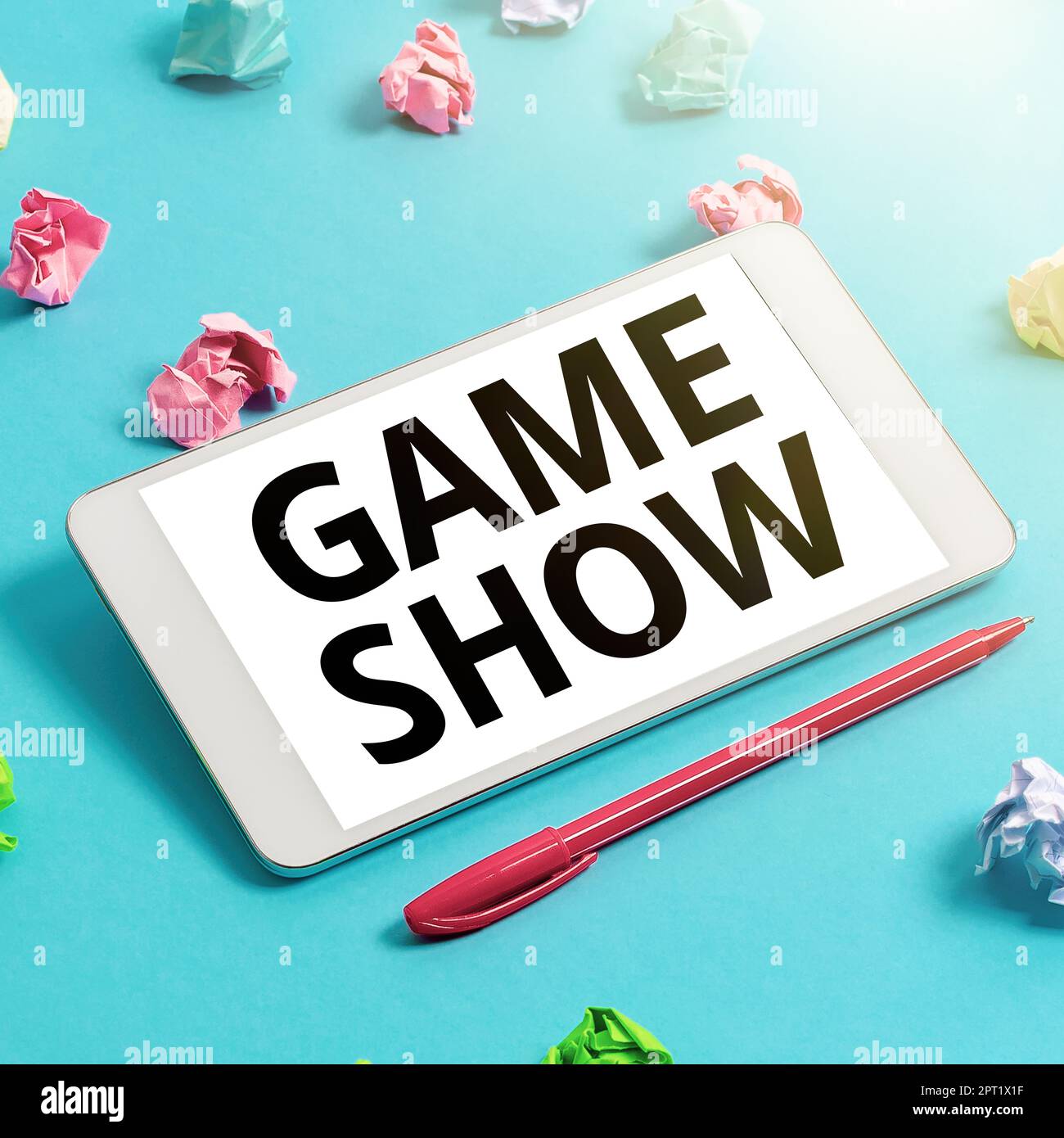 Hand writing sign Game Show, Business showcase Program in television or ...