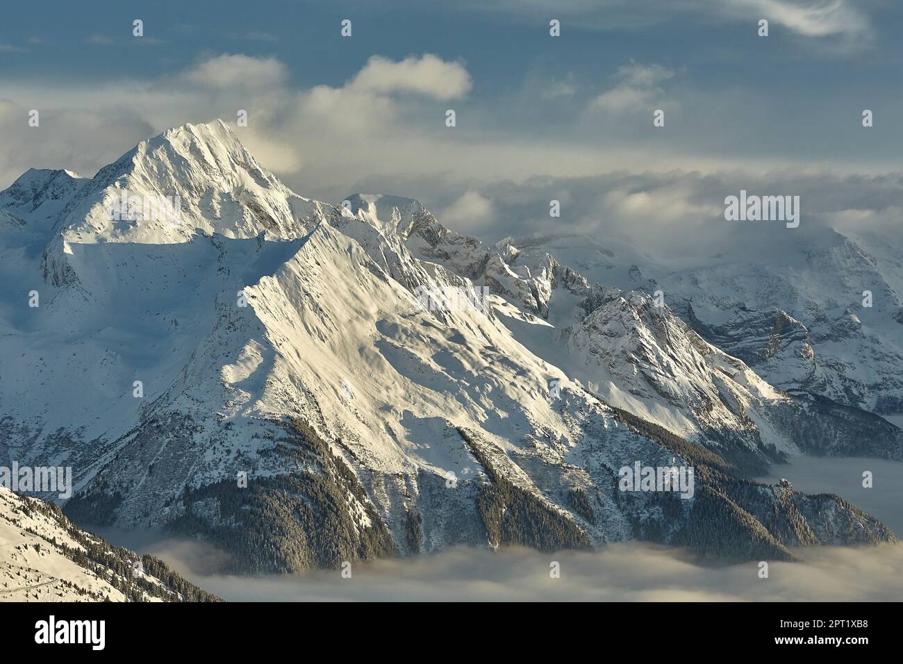 Winter snowy landscape with trees, mountains above clouds Stock Photo ...