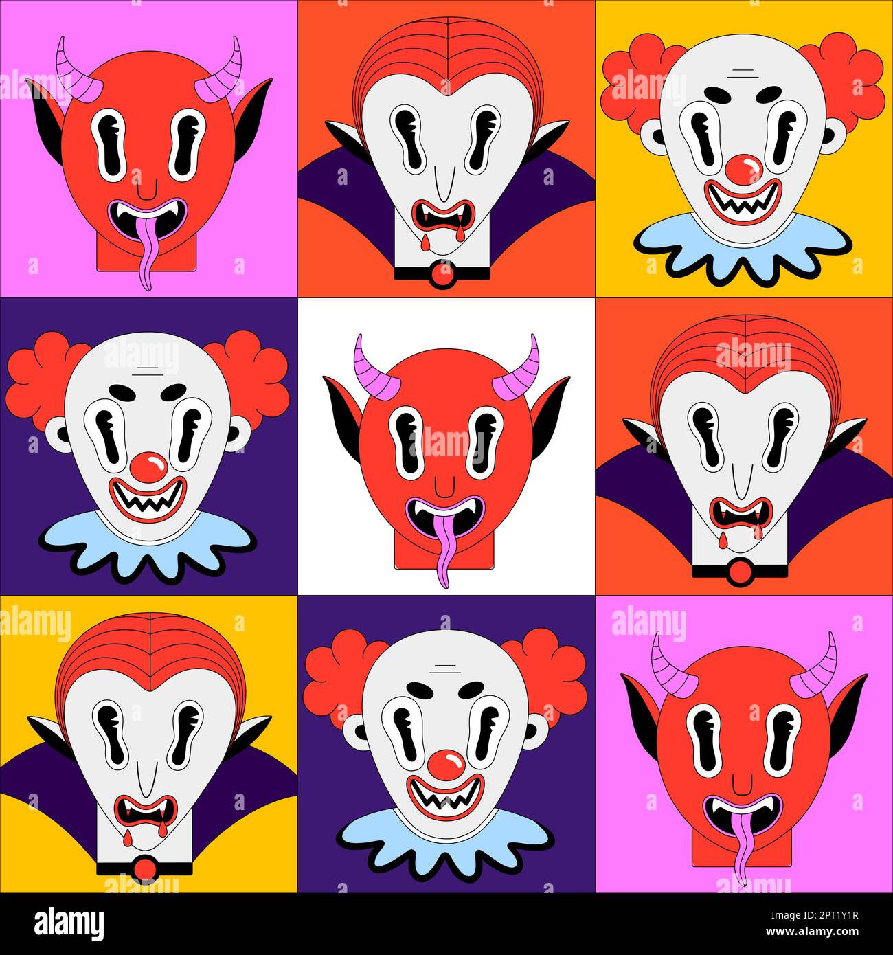 Halloween seamless pattern. Colorful spooky fantasy characters in ...