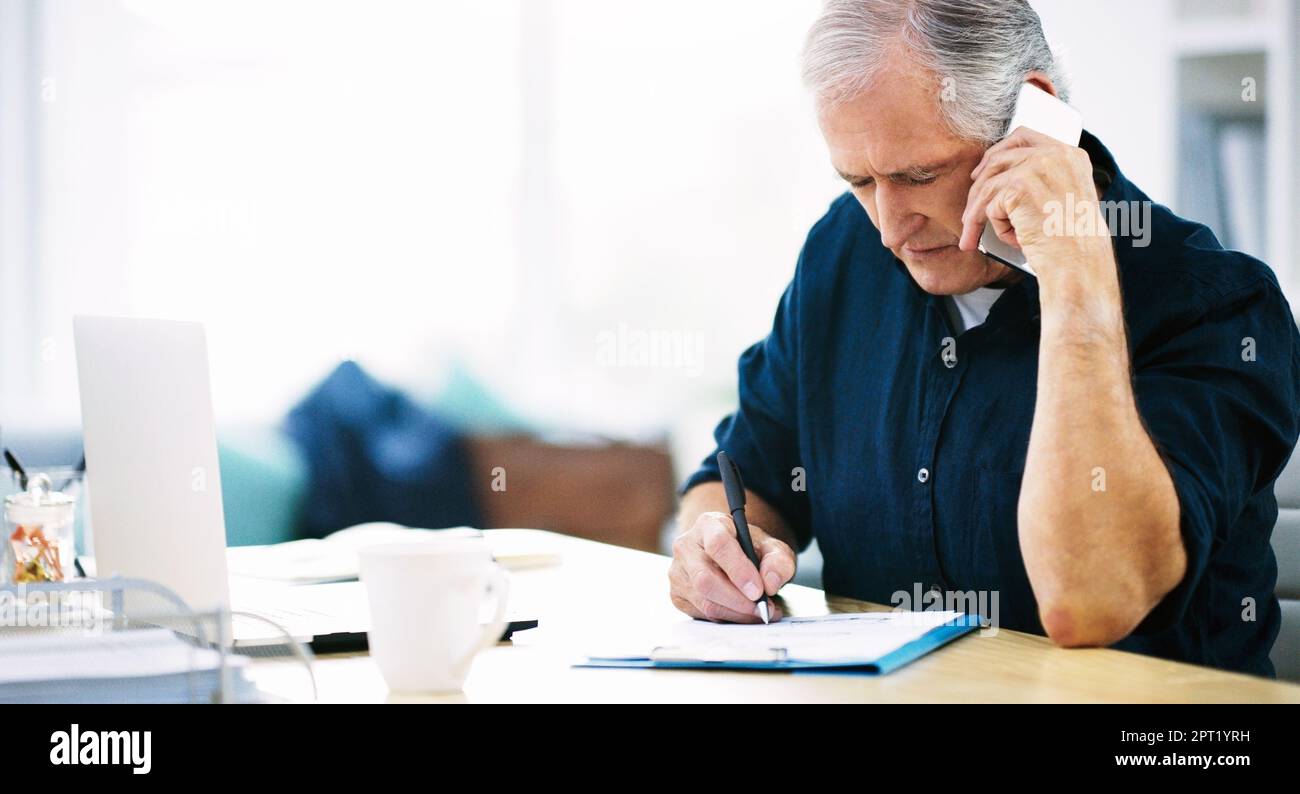 Phone call, documents and senior businessman planning, networking and ...