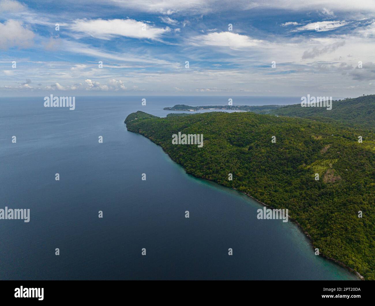 Aerial view of coast of Weh island with rainforest and jungle. Aceh ...