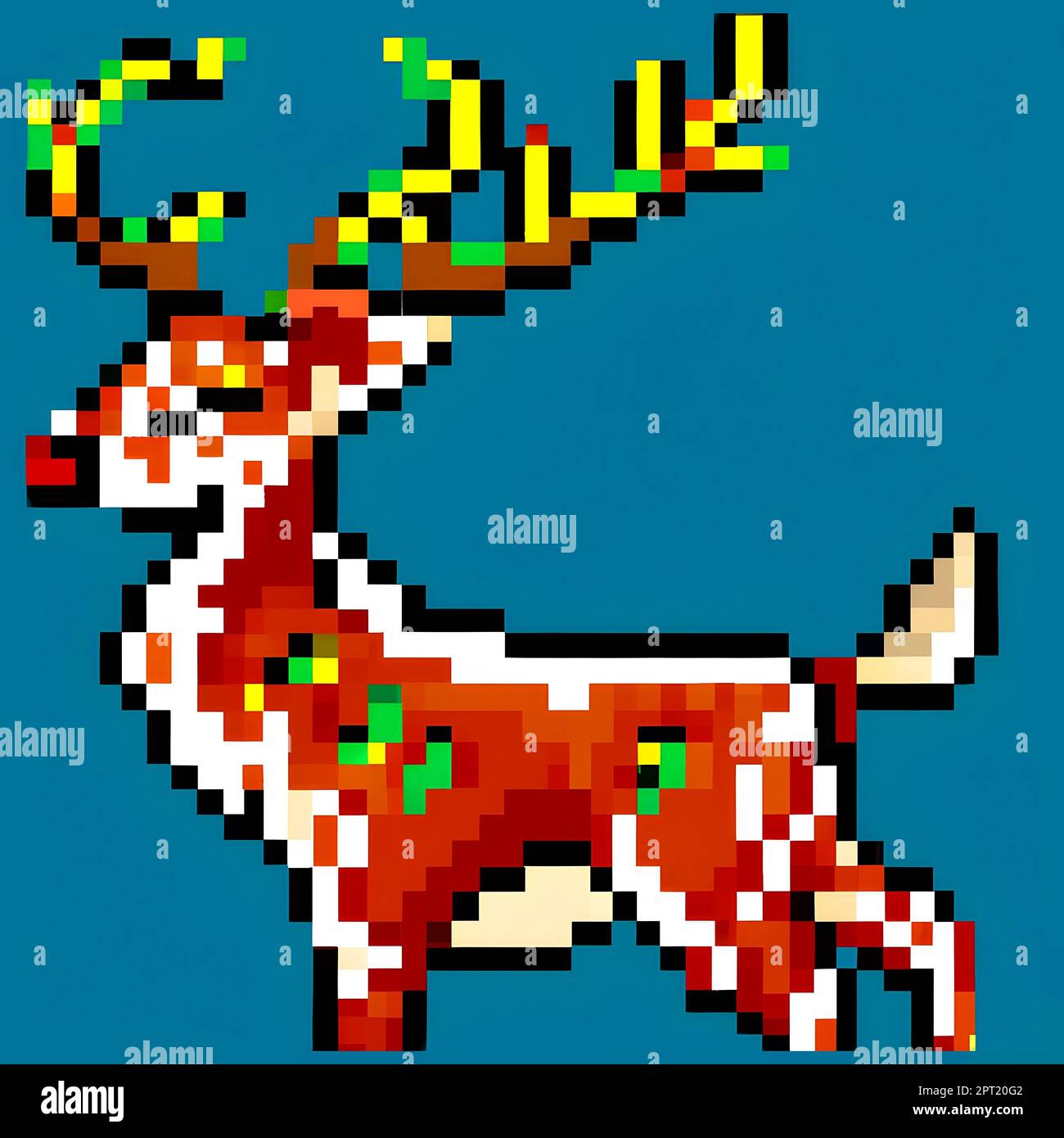 Christmas deer with red nose on blue background, pixel art style ...