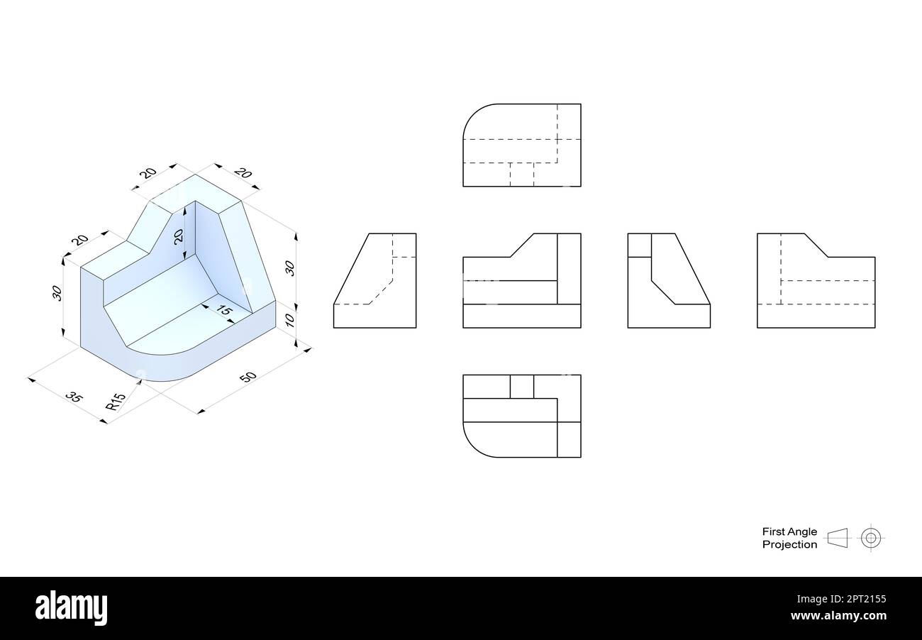 Technical drawing of a 3D model with a perspective and orthogonal views ... Technical drawing of a 3D model with a perspective and orthogonal views ...