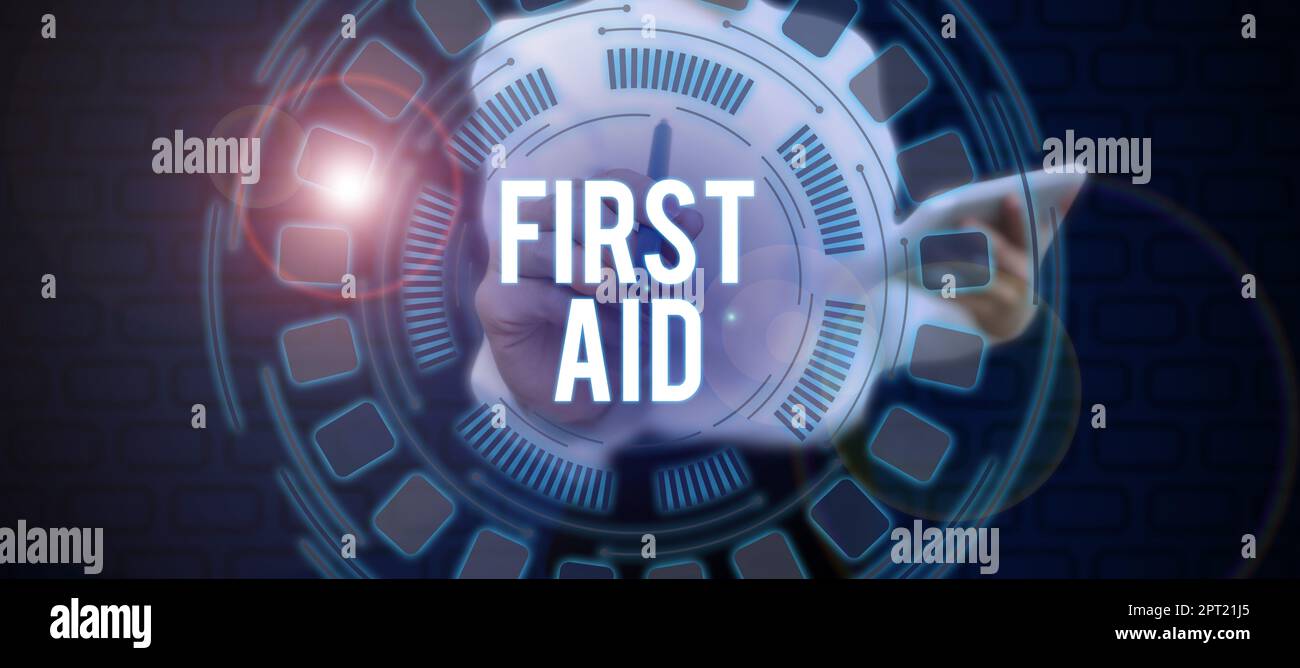 Text caption presenting First Aid, Conceptual photo Practise of healing ...