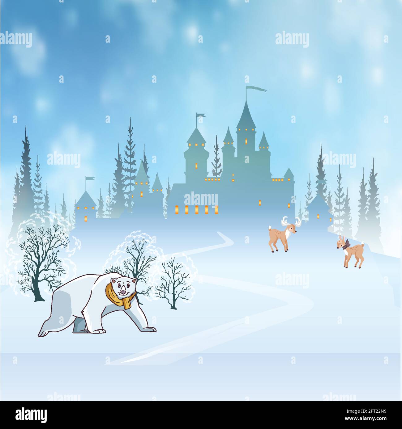christmas winter landscape with fairy tale castle and animal Stock ...