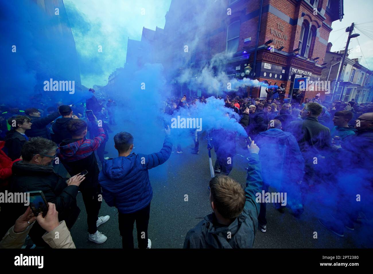 Everton fans set off smoke flares outside The Winslow Hotel pub near ...
