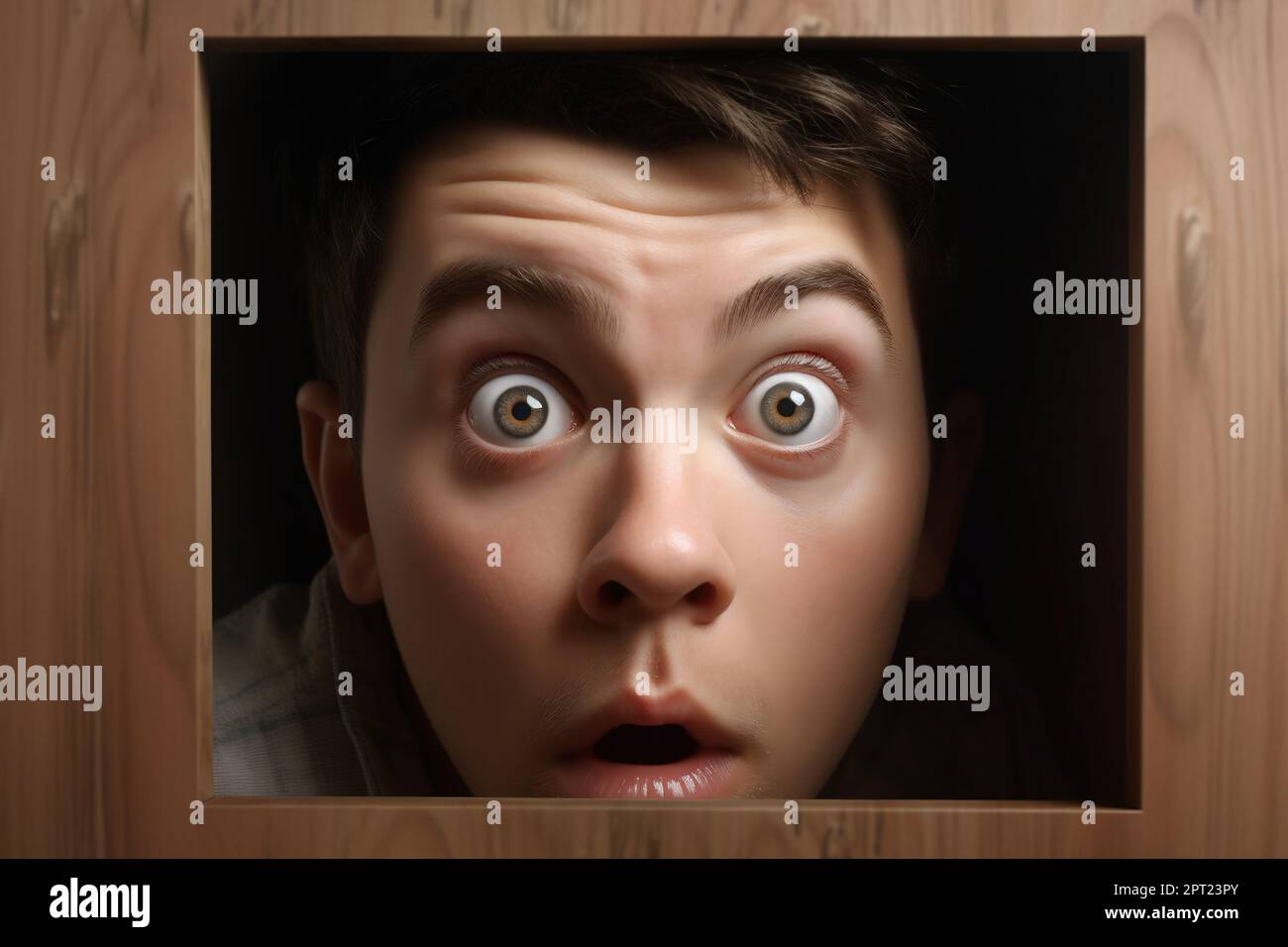 young man looking out of a window looking astonished and completely ...