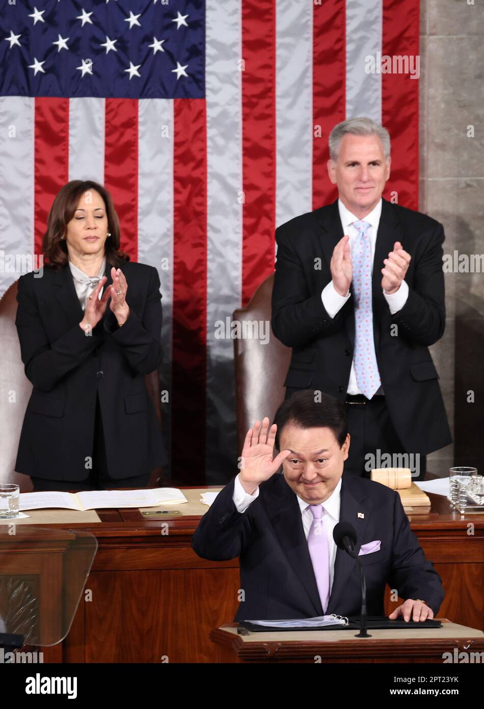 28th Apr, 2023. Yoon addresses joint session of U.S. Congress South Korean President Yoon Suk ...