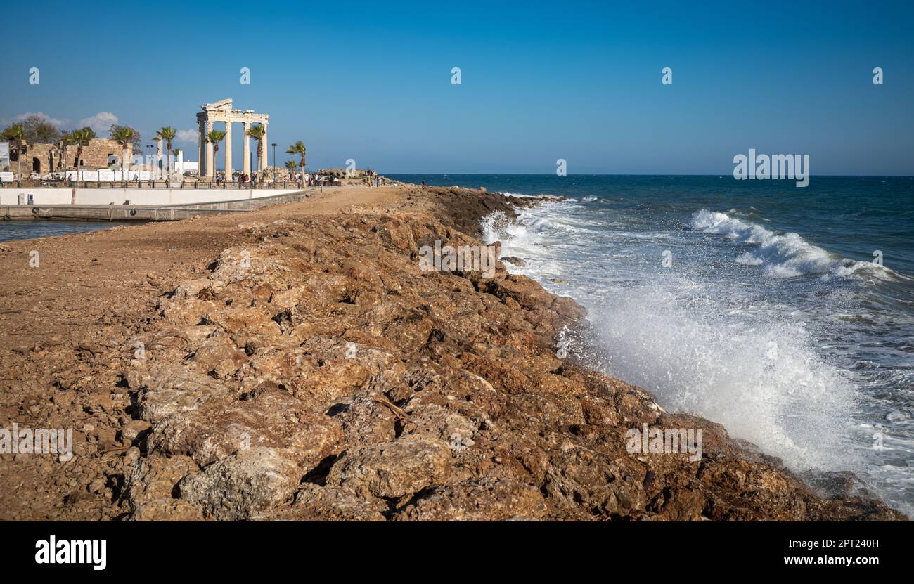 A view from the harbour breakwater wall at Side in Antalya province ...