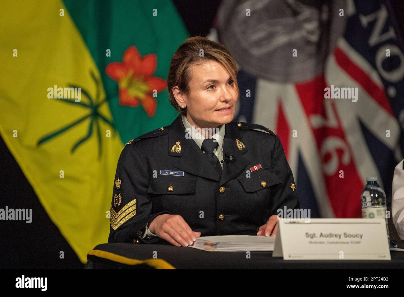 Melfort, Can. 27th Apr, 2023. RCMP Sgt. Audrey Soucy, speaks as the ...