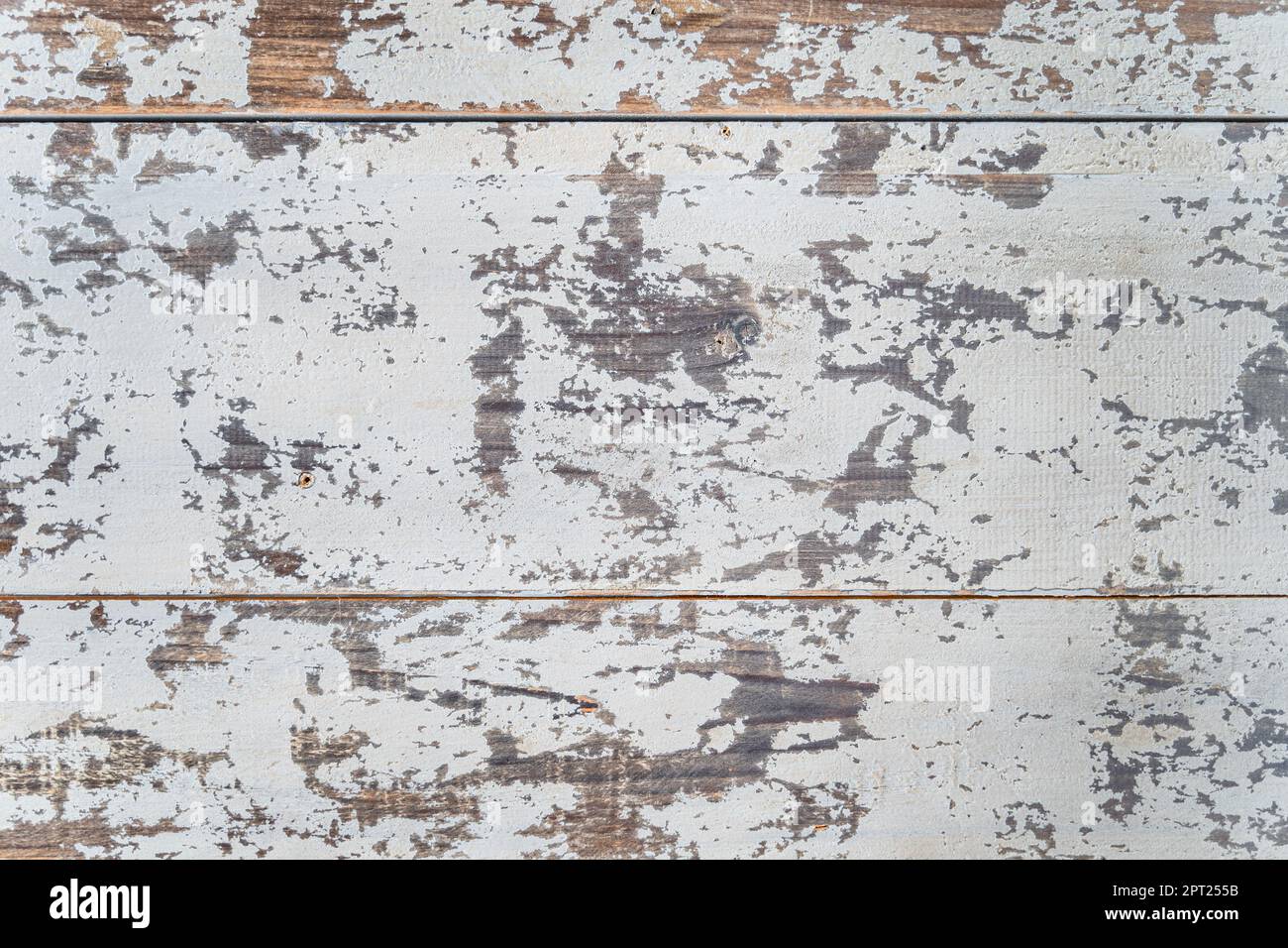 Vintage white painted oak, scratched, aged and paint peeling off from ...