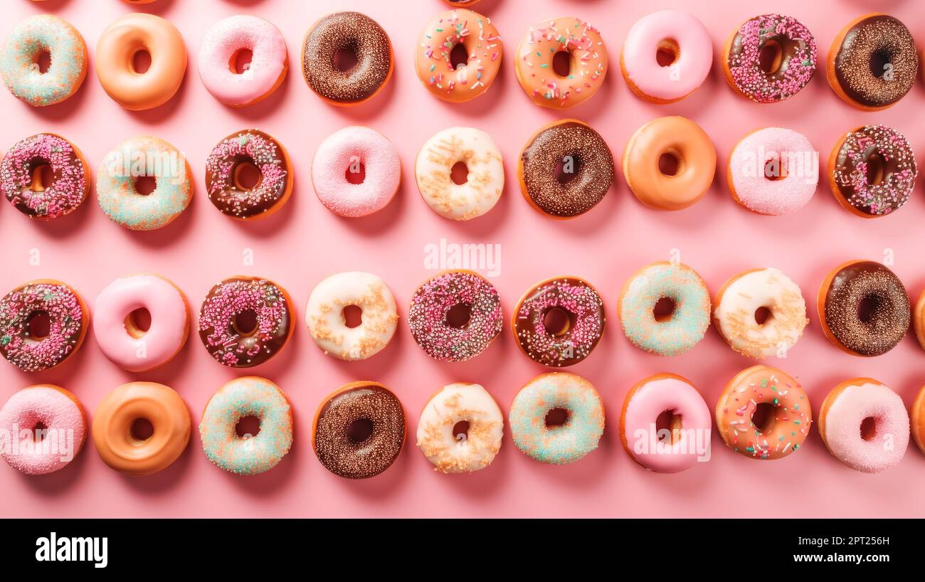 Sweet bright Donuts in various glazes and colored sprinkles lie in rows ...