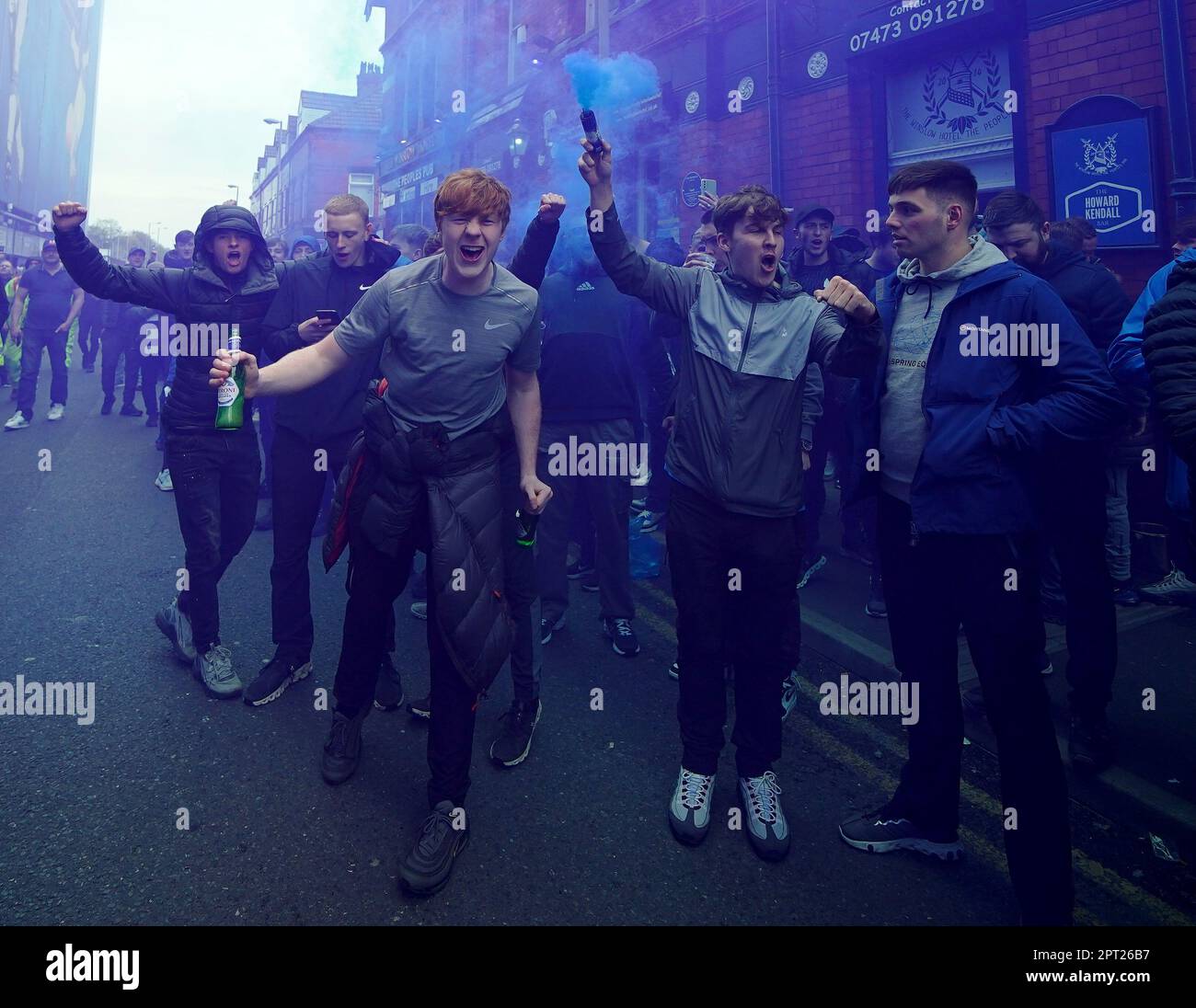 Everton fans set off smoke flares outside The Winslow Hotel pub near ...