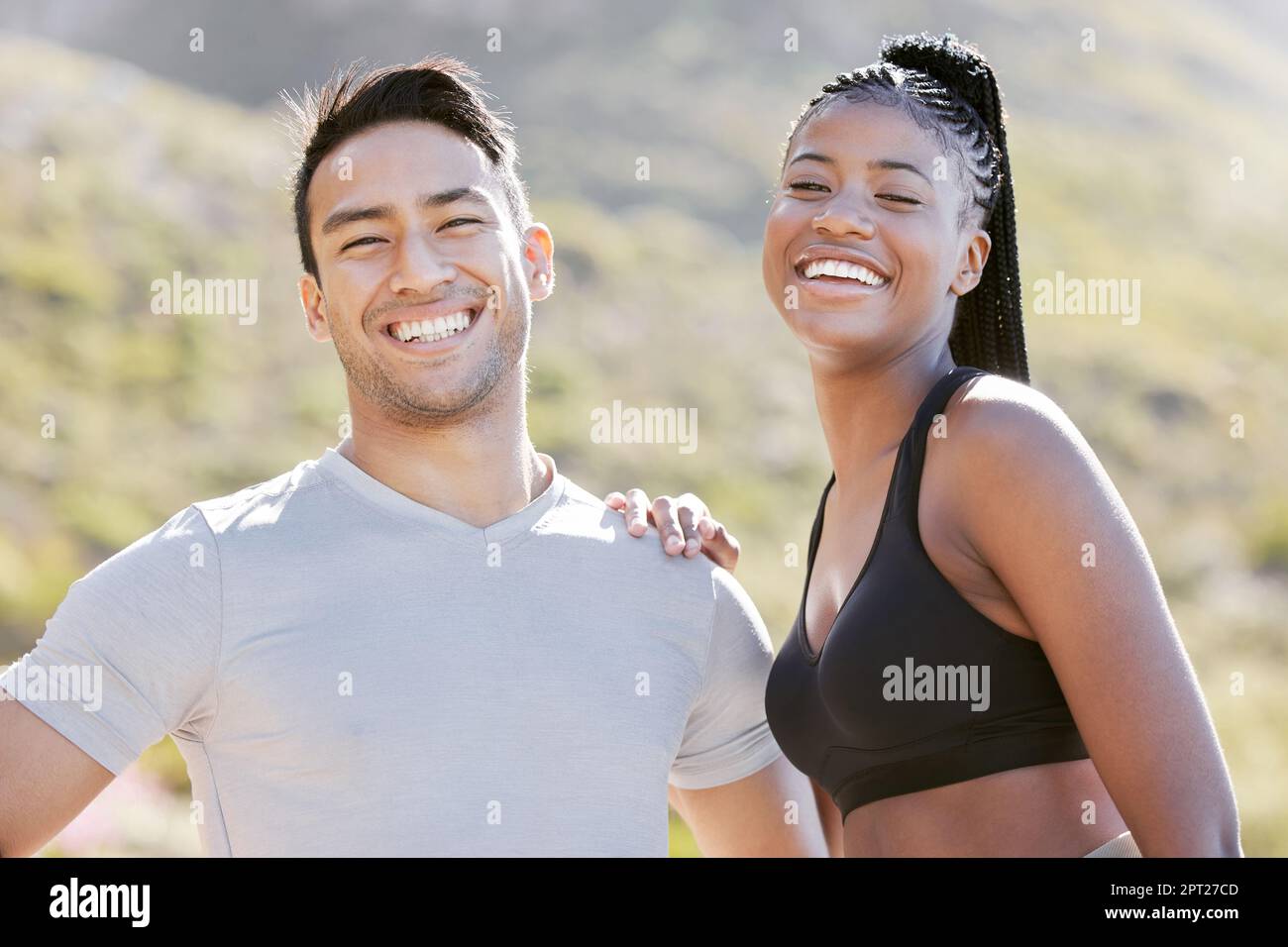 Fitness, nature and couple happy to workout in outdoor adventure trail ...