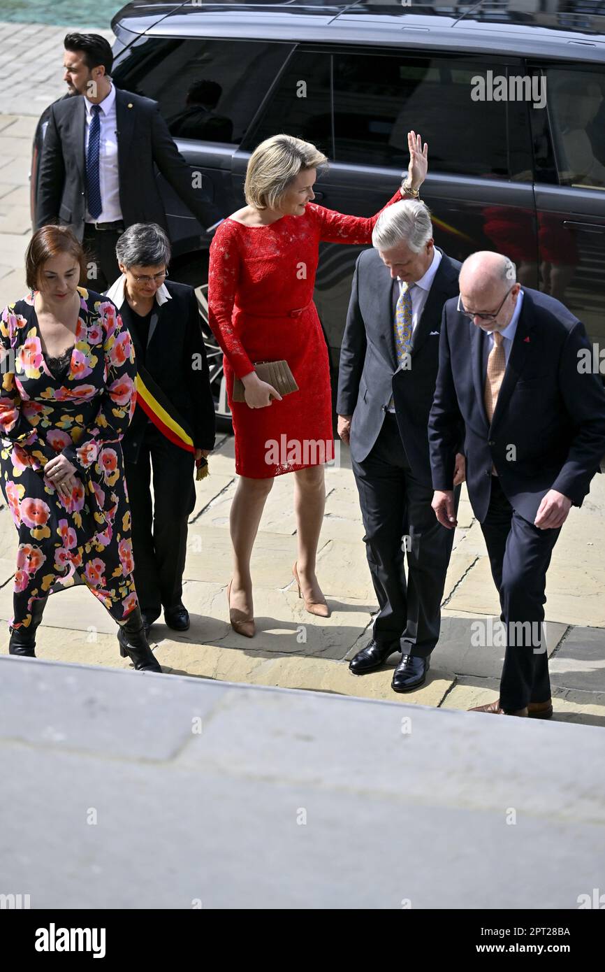 Antwerp alderwoman Nabila Ait Daoud, Antwerp province governor Cathy Berx, Queen Mathilde of ...