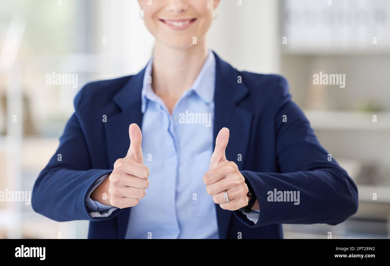 Thank you, thumbs up and success business woman with yes, support and ...