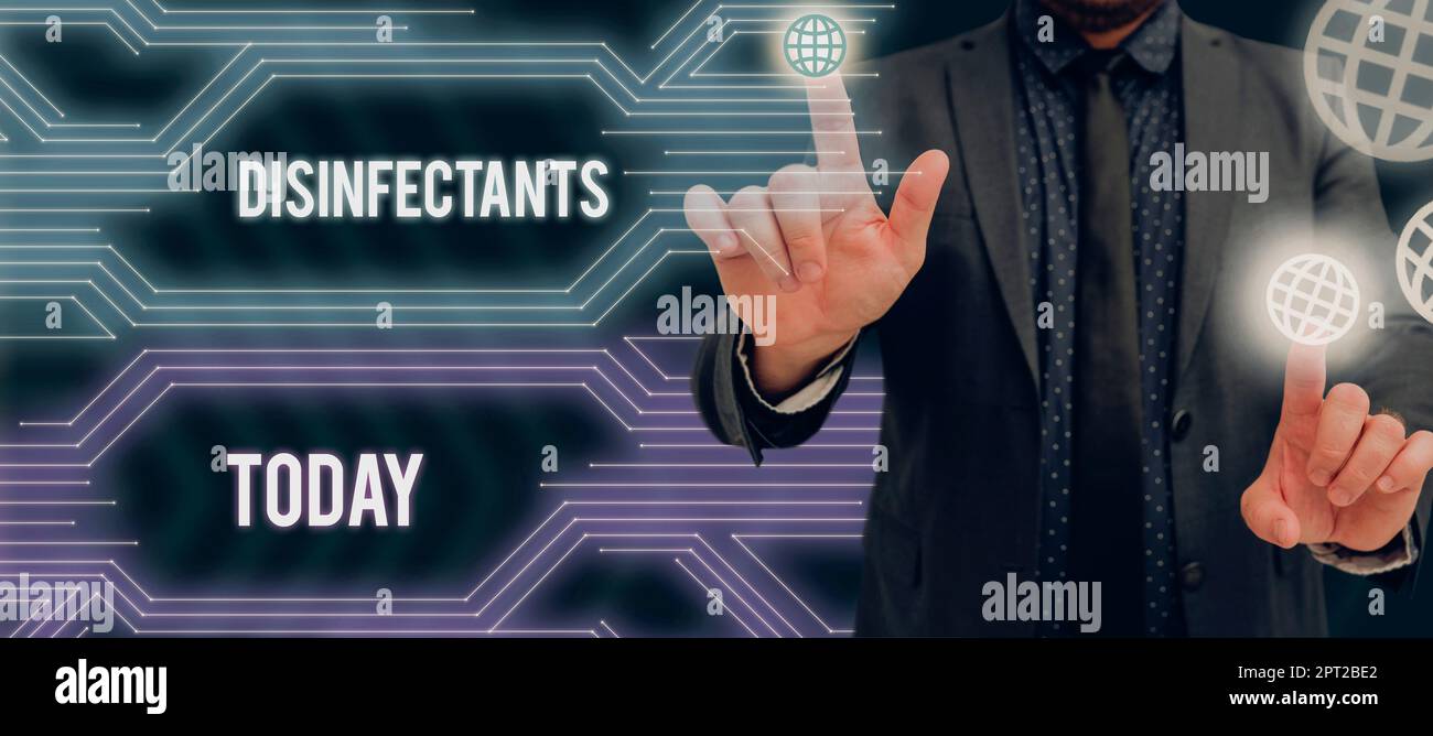 Conceptual caption Disinfectants, Word Written on chemical that destroy ...