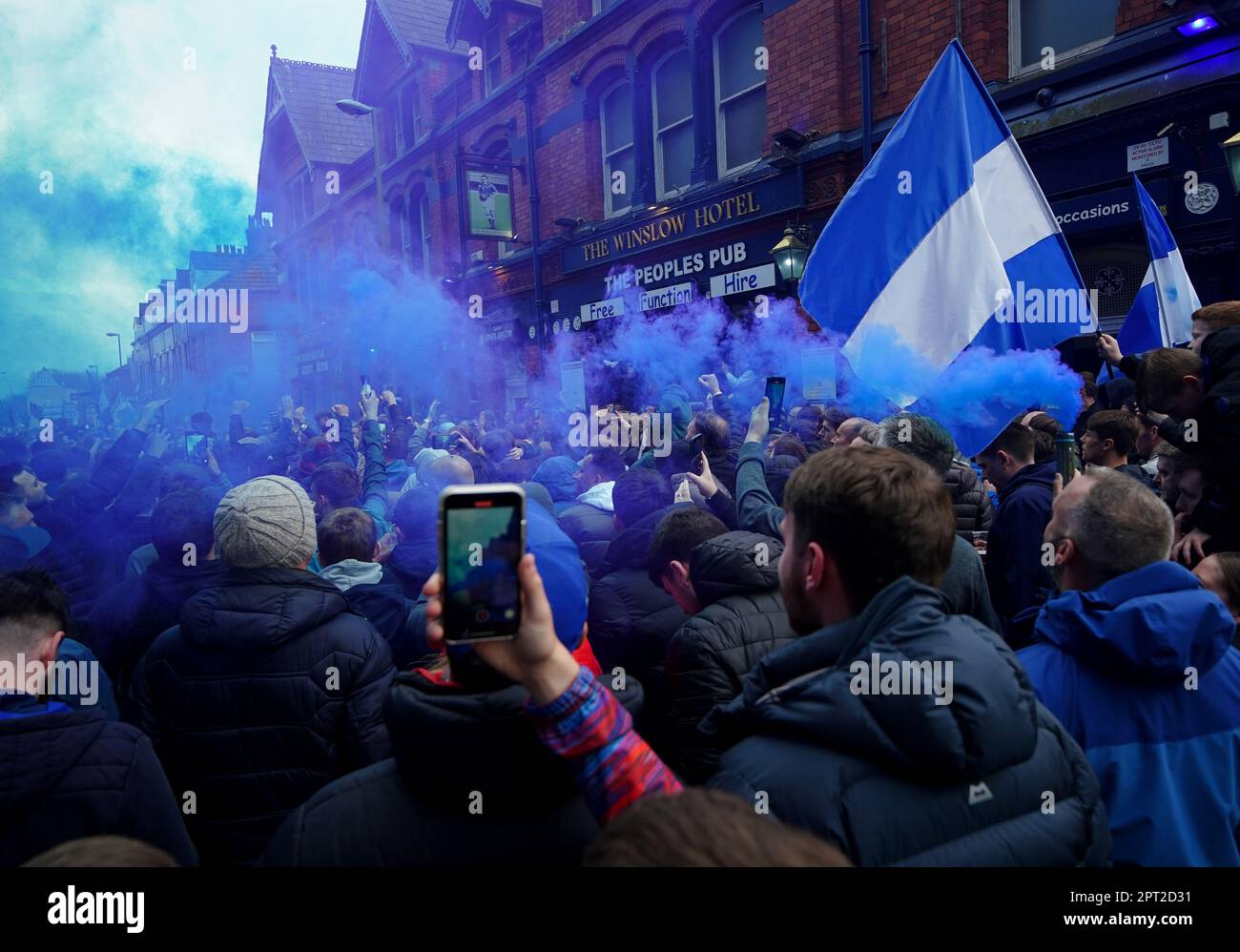 Everton fans set off smoke flares outside The Winslow Hotel pub near ...