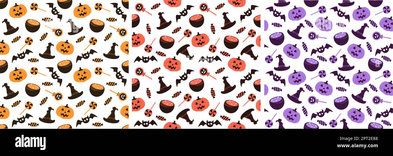 Set of Halloween Seamless Pattern Design With Witch, Haunted House ...