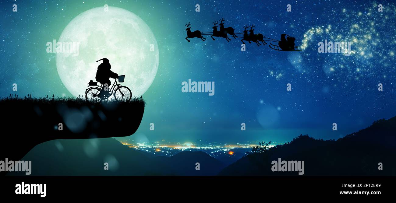 Silhouette of Santa Claus get a move to ride on their reindeer over ...