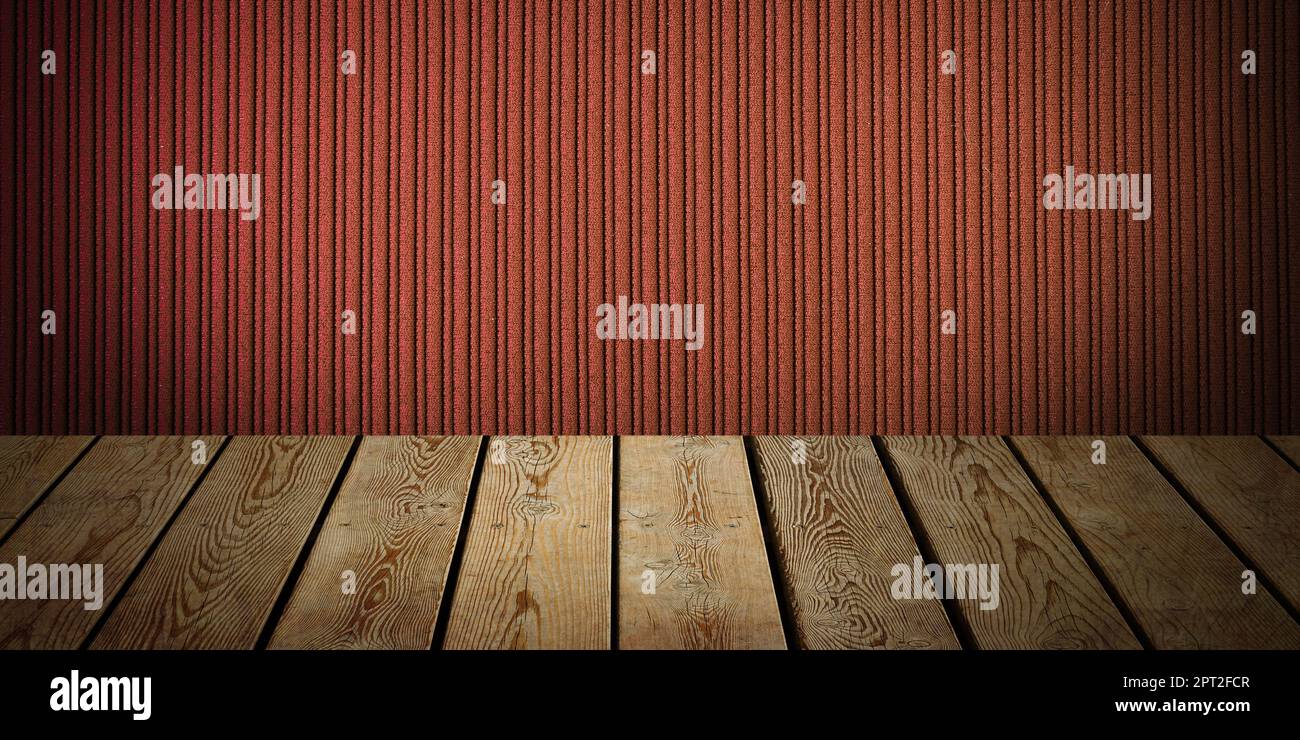 The background is blank wooden boards and a textured striped wall with ...