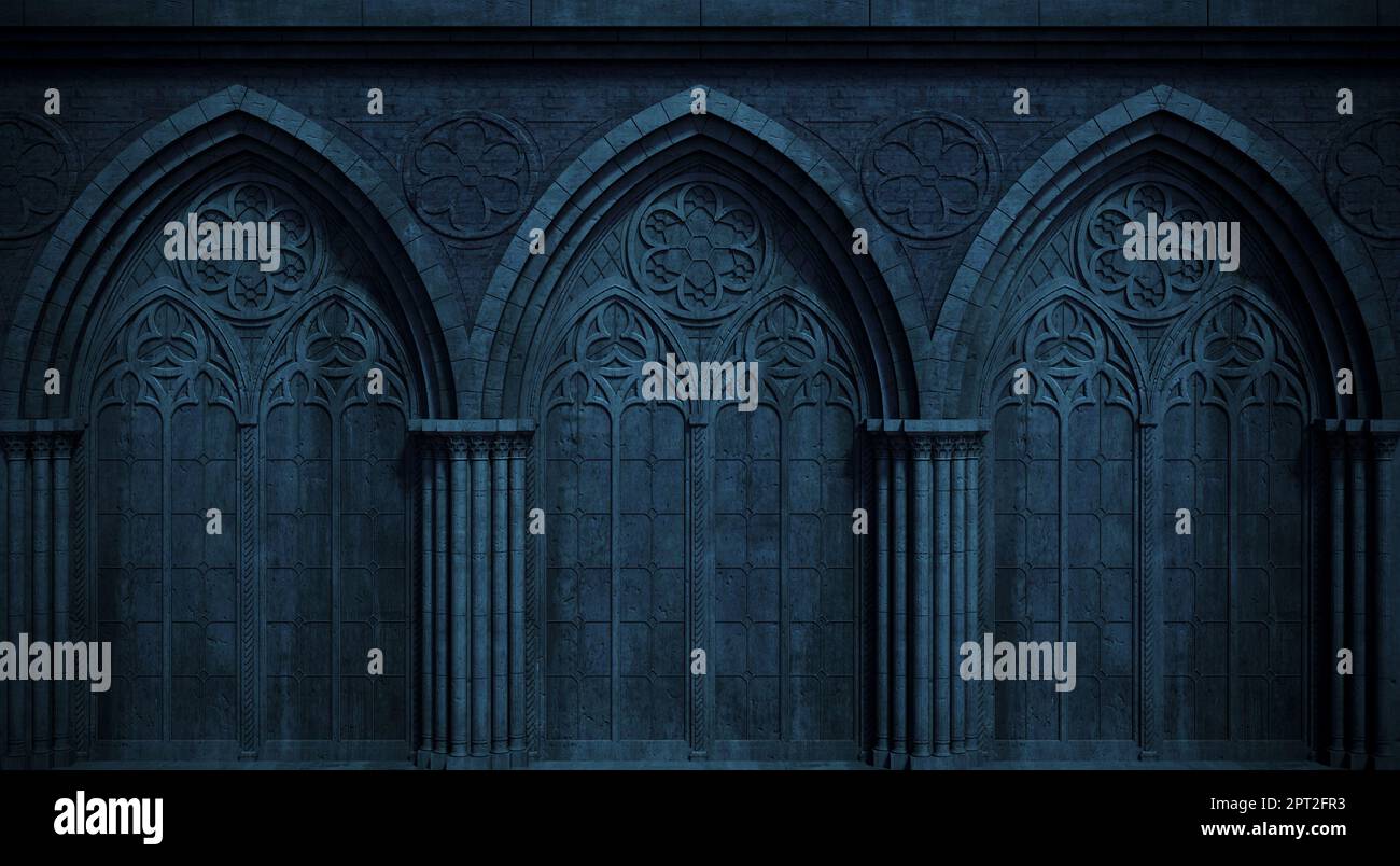 3d illustration. Abandoned night castle with a large gothic window or ...