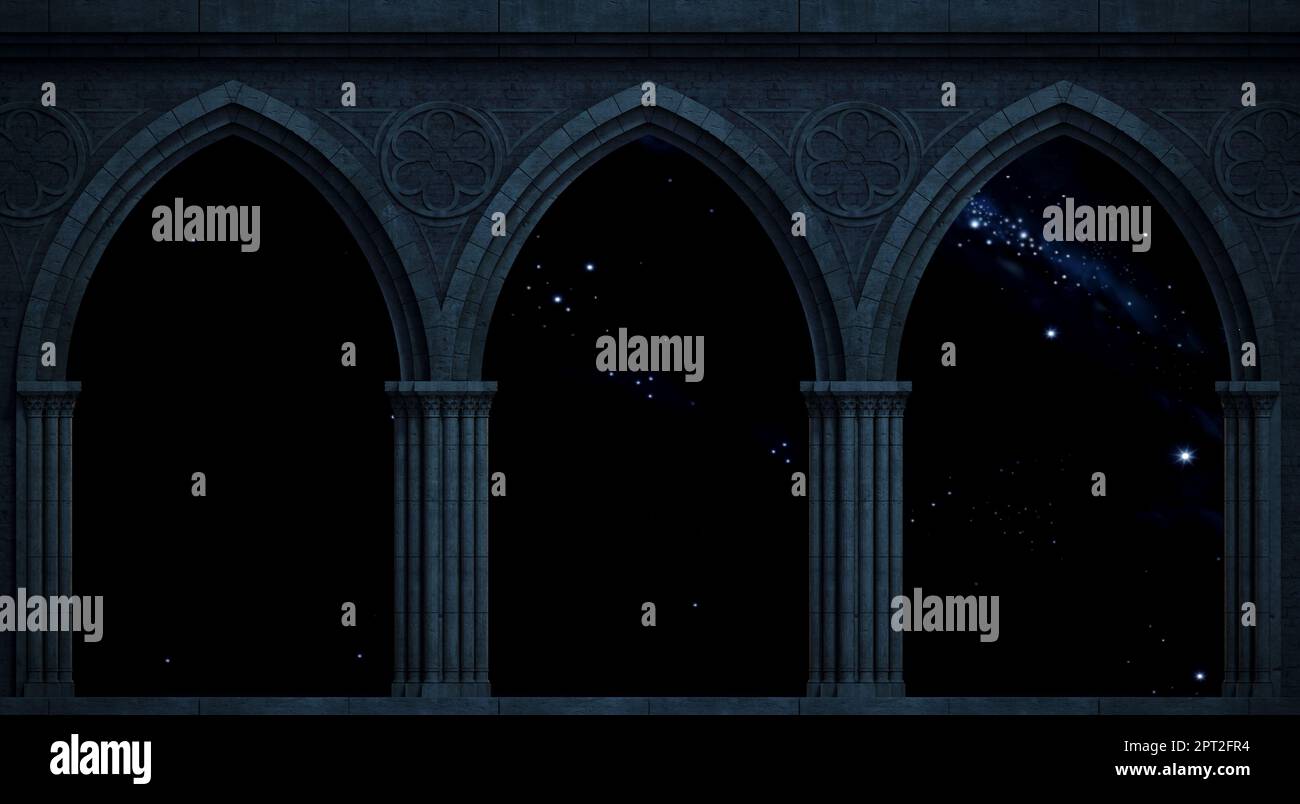 3d illustration. Gothic castle with arcade and night sky. Space ...