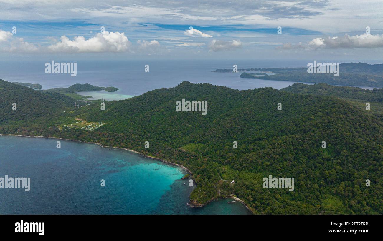 Aerial drone of coast of the island of Weh with bays and lagoons ...