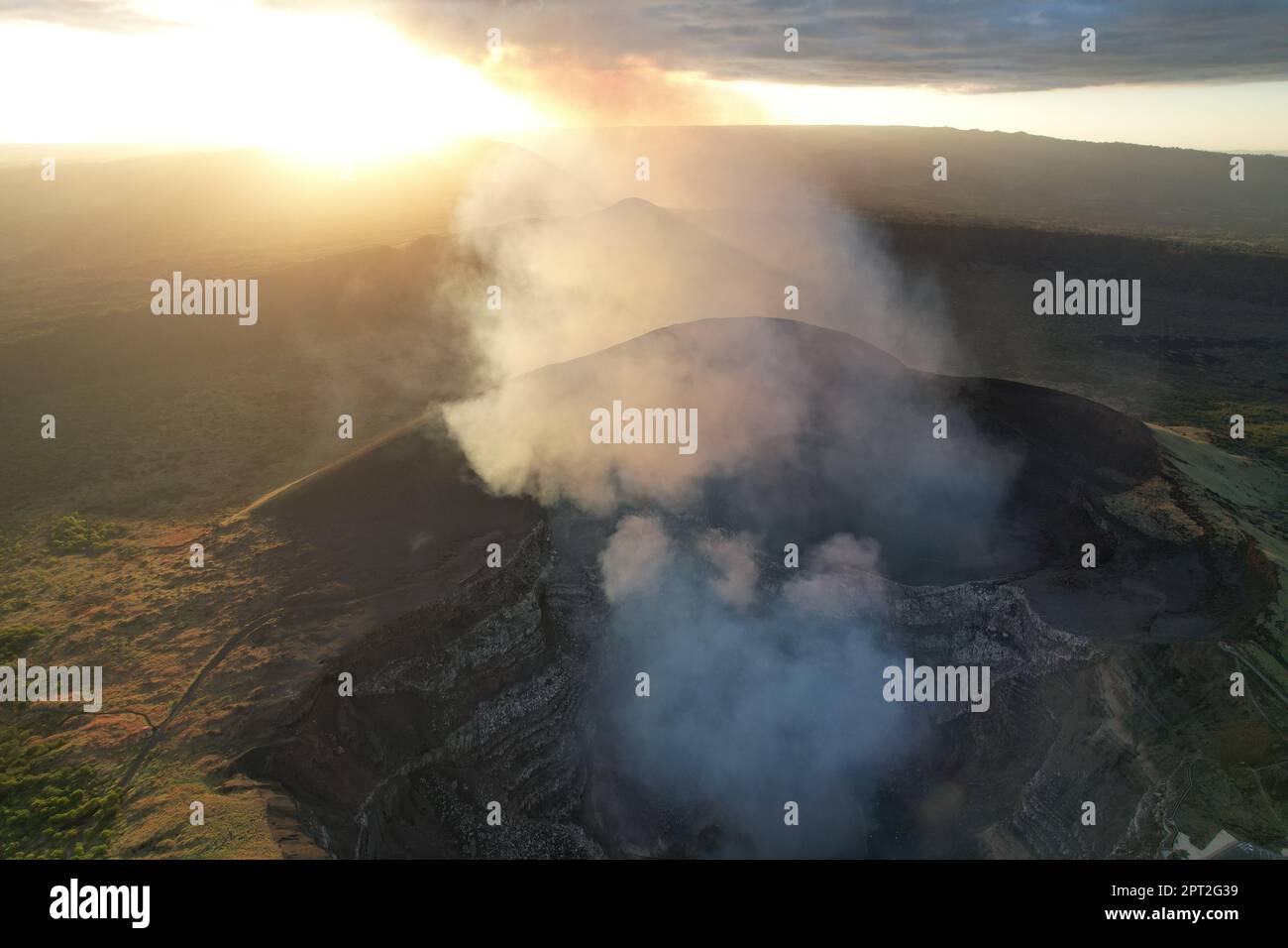 Deep crater of Masaya volcano with gas aerial drone view Stock Photo ...