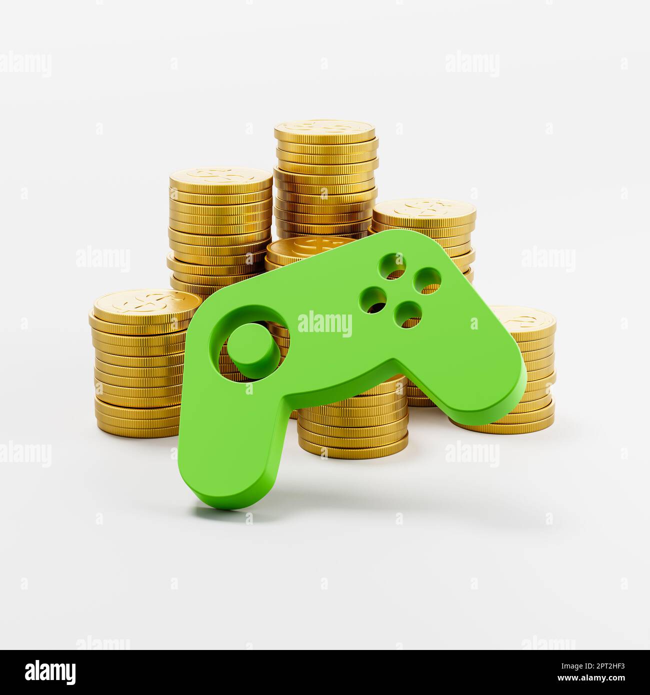 Gamepad Controller shape ahead of Stacks of Golden Coins on Light Gray ...