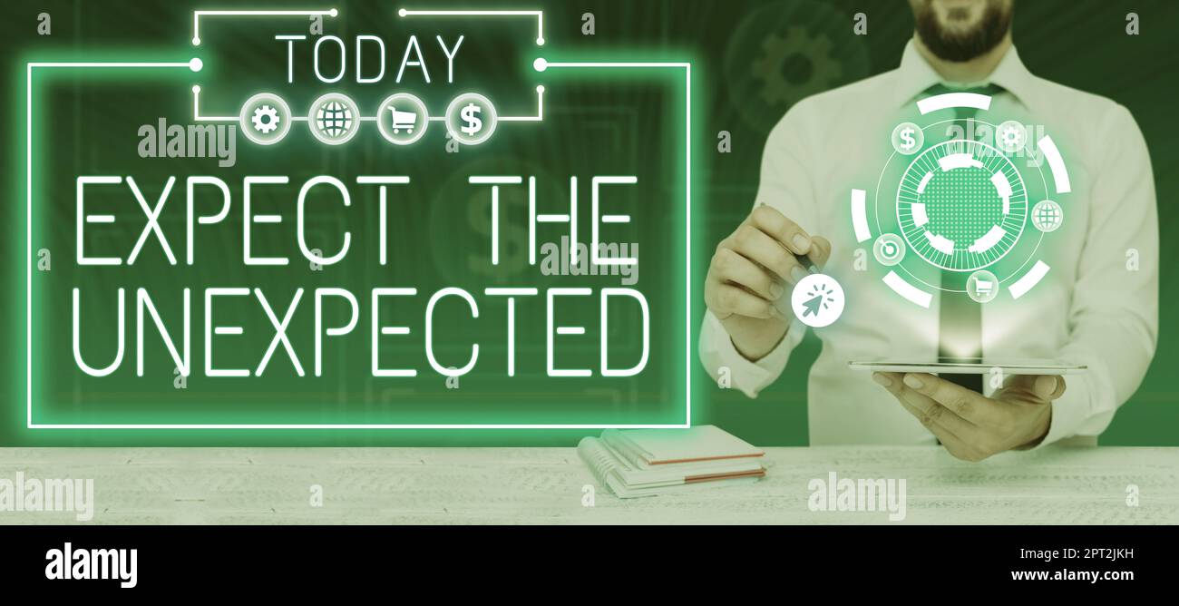 Hand writing sign Expect The Unexpected, Business idea Anything can ...