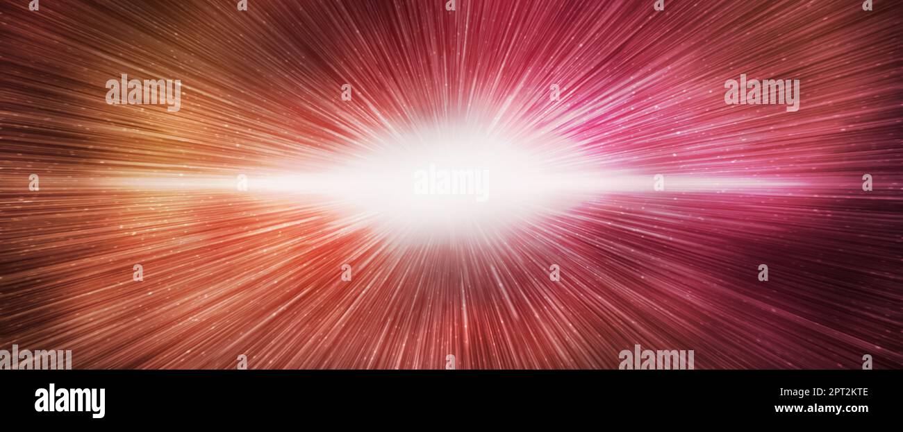 Big bang effect on bright red galaxy sky, horizontal banner. 3d ...