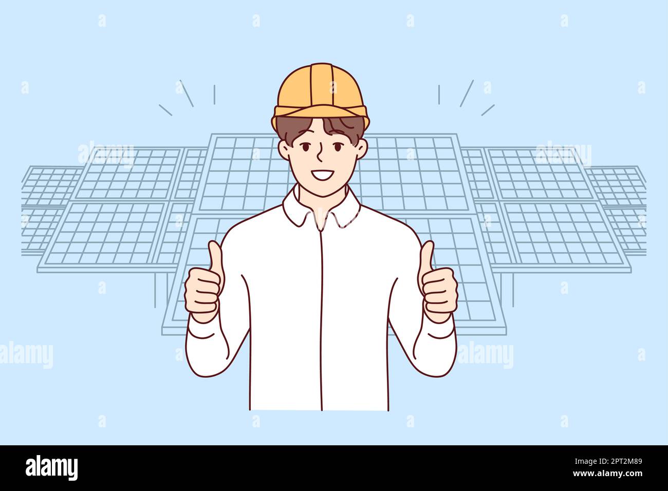 Smiling male engineer in helmet show thumb posing near solar panels ...