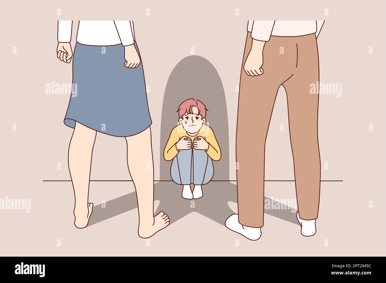 Terrified little boy child scared of aggressive violent parents. Upset ...