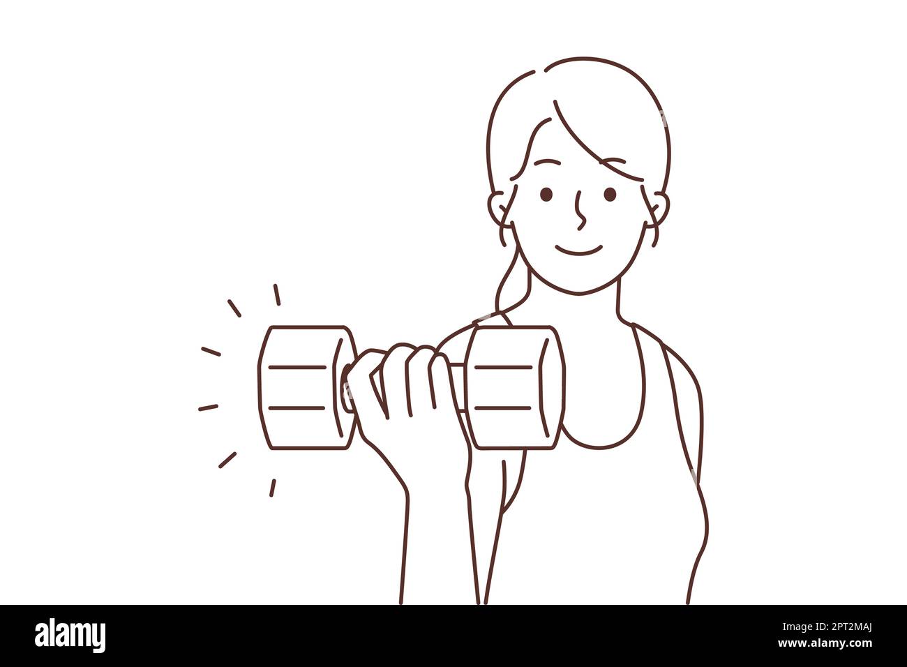 Smiling toned woman with dumbbell do sports. Happy female training ...